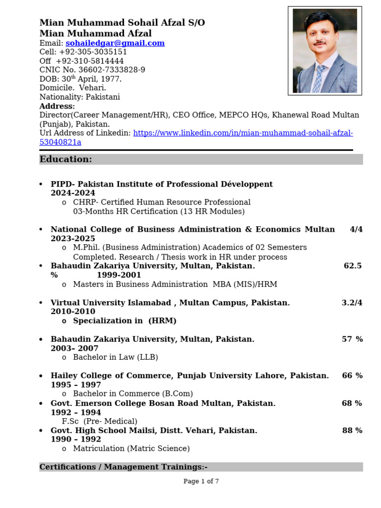 CV. Mian M. Sohail Afzal Updated | PDF | Human Resource Management | Business