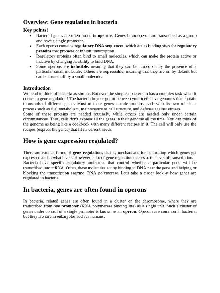 5. Overview, Gene regulation in bacteria | PDF | Operon | Repressor