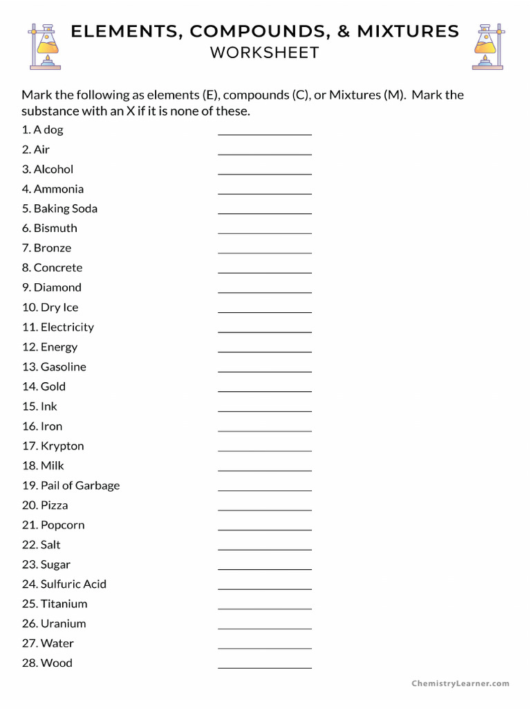 Elements Compounds Mixtures Worksheet With Answers | PDF
