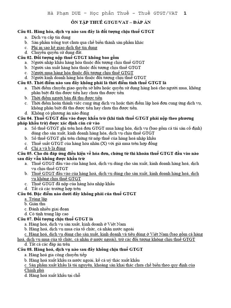 On Tap Thue GTGT Dap An | PDF