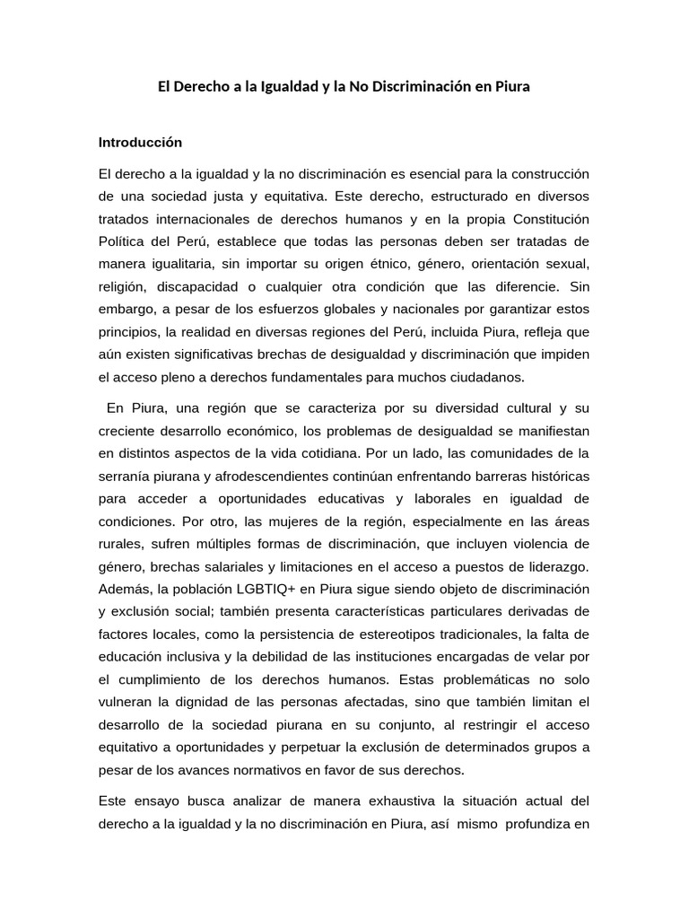 El Derecho A La Igualdad y La No Discriminación en Piura | PDF | Igualdad de género | Estudios ...