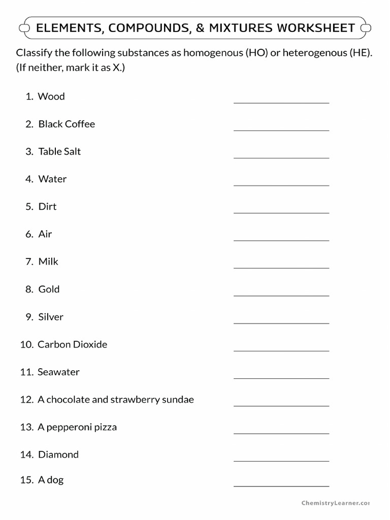 Elements Compounds Mixtures Worksheet | PDF