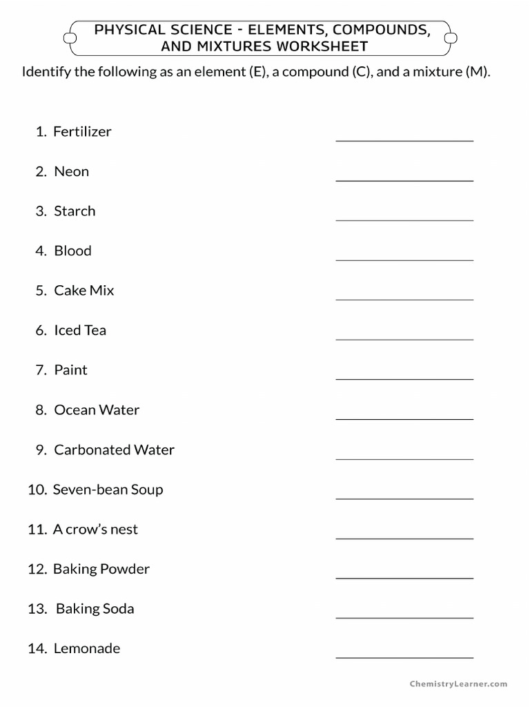 Physical Science Elements Compounds and Mixtures Worksheet | PDF