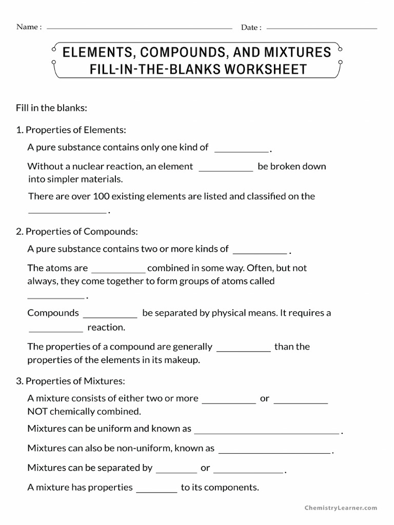 Element Compound Mixture Worksheet | PDF