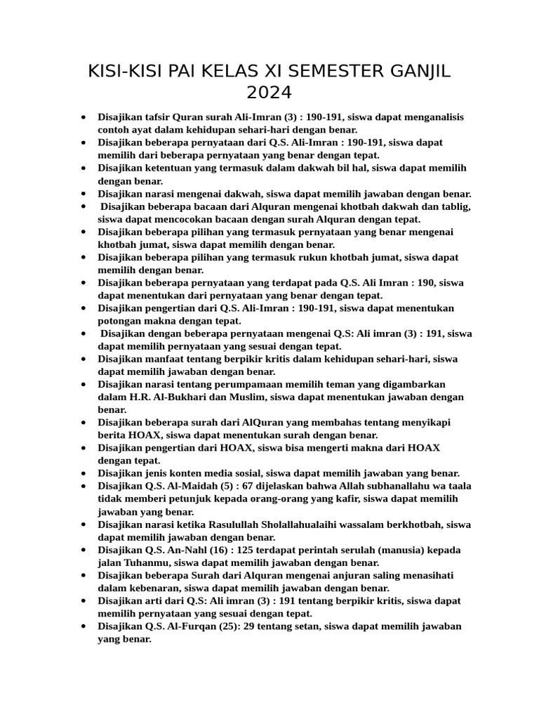 Kisi-kisi Pai Sumatif Kelas Xi Ganjil 2024 | PDF