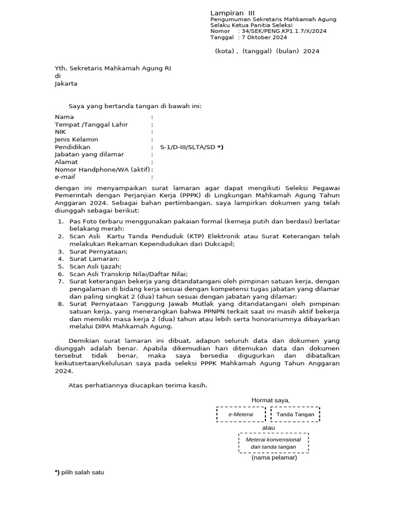 3 - Lampiran - Surat Lamaran PPPK MA 2024 | PDF