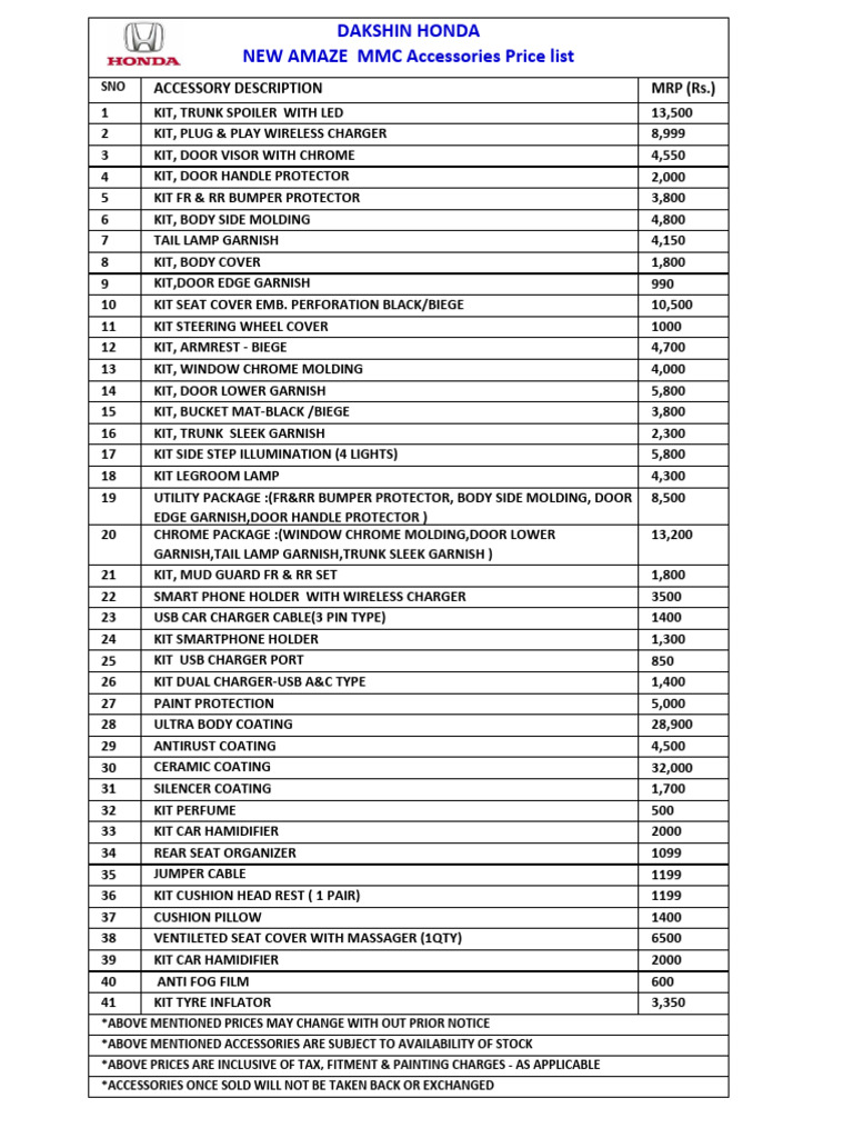 Honda Amaze 2025 Accessories Price List | PDF | Vehicle Technology ...