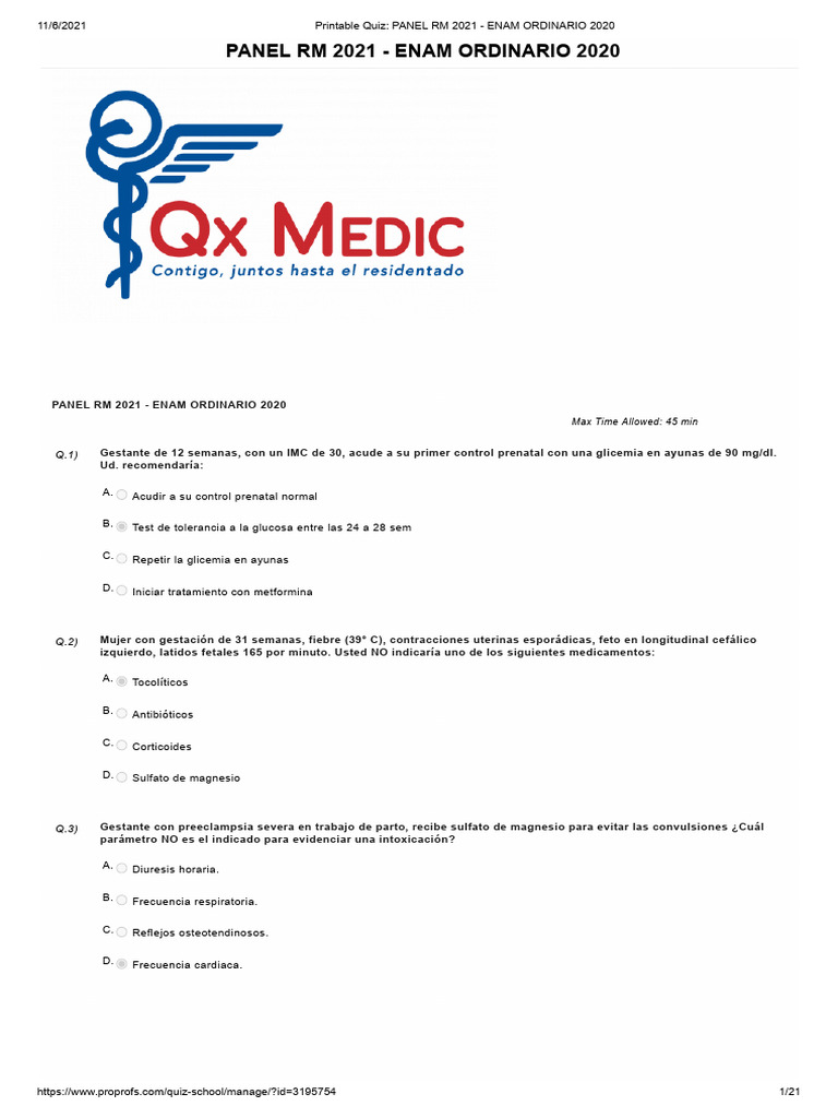 QX Medic Panel RM 2021 - Enam Ordinario 2020 - Con Claves | PDF | Control de la natalidad ...