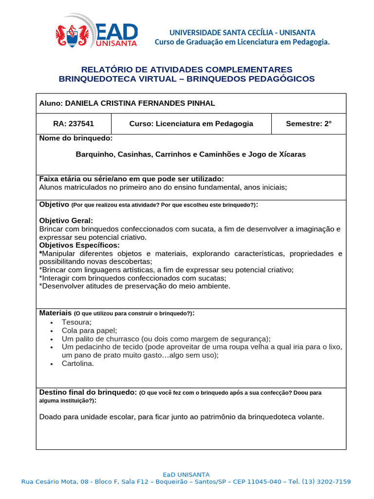 Atividade Complementar 1 Brinquedos Com Sucatas | PDF | Brinquedos | Pedagogia