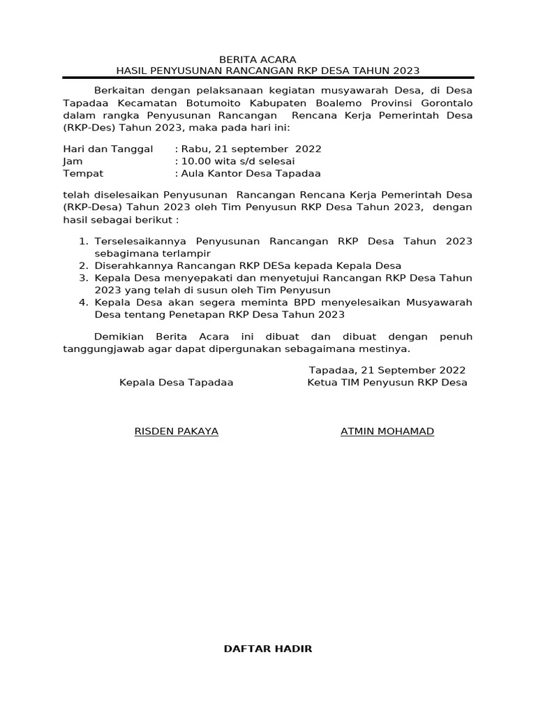 Berita Acara Rkpdes 2023 | PDF