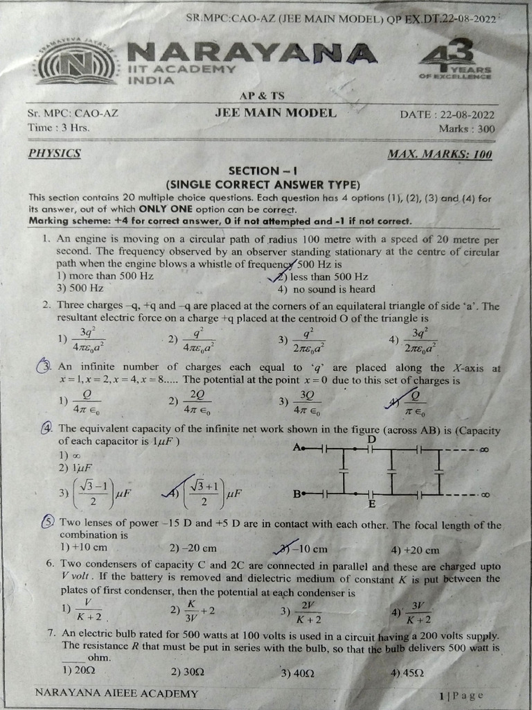Narayana weekend jee mains model paper_241107_191552 | PDF