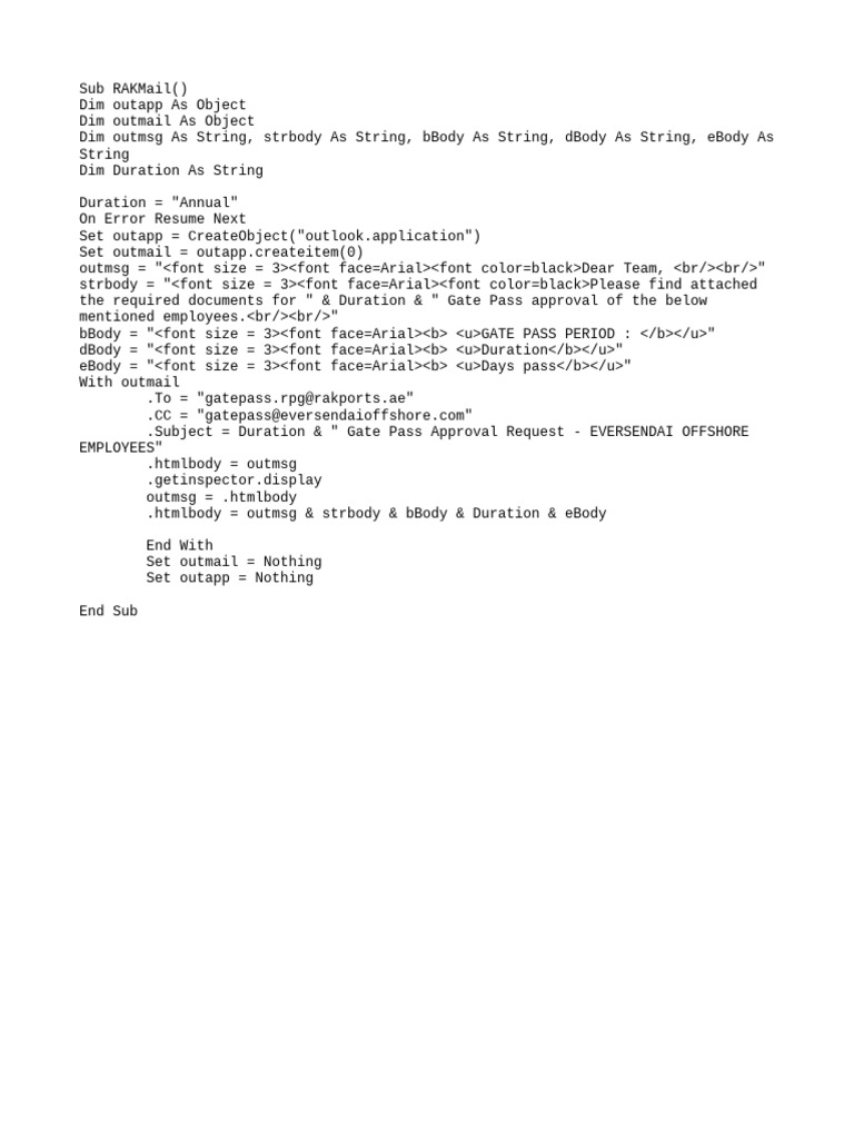 VBA Script for Gate Pass Approval Email | PDF