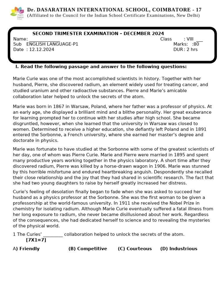 Grade 8 English Paper 1 | PDF | Marie Curie | Perfect (Grammar)