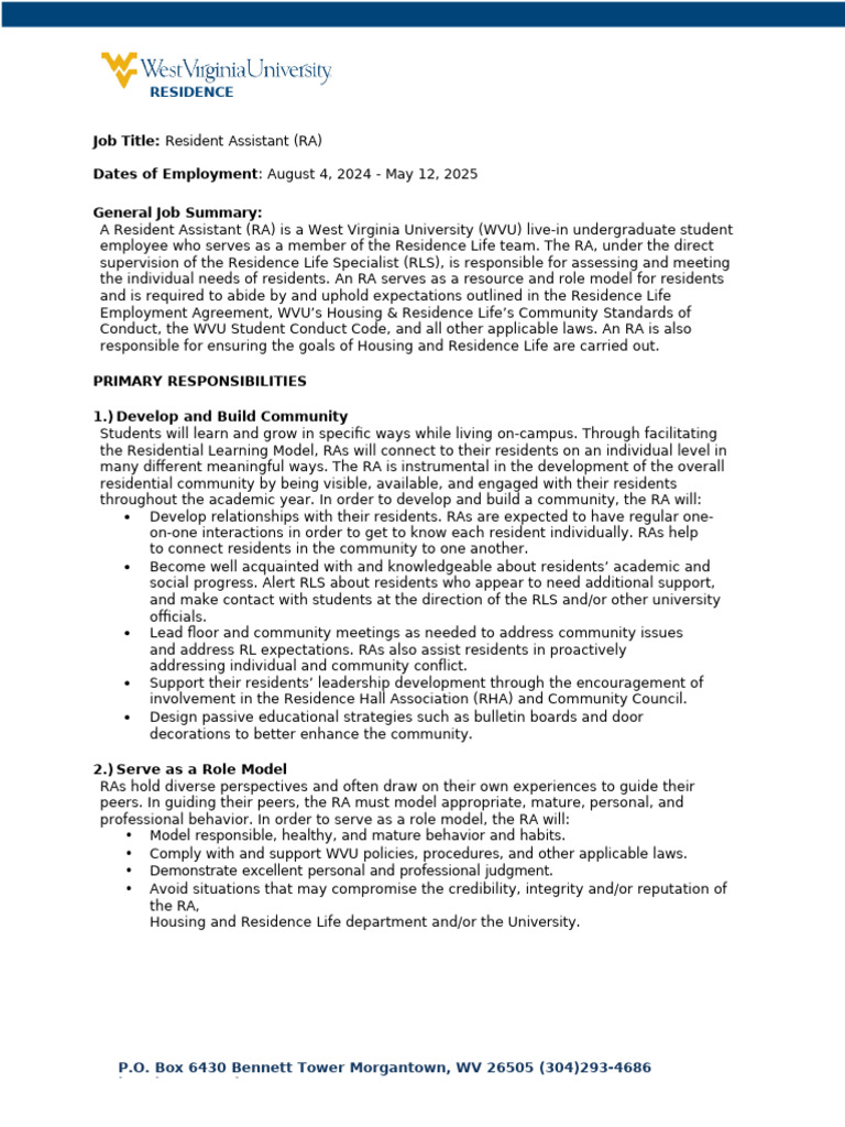 RA Welcome Letter and Position Overview | PDF