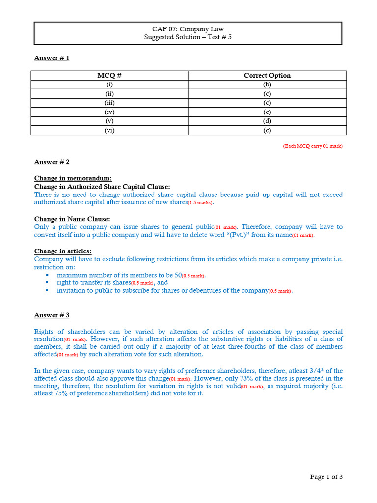 Test 5 - Suggested Solution | PDF | Corporations | Private Law