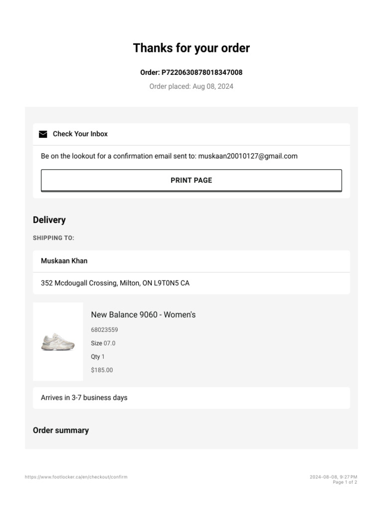 Foot Locker Order Confirmation P7220630 | PDF