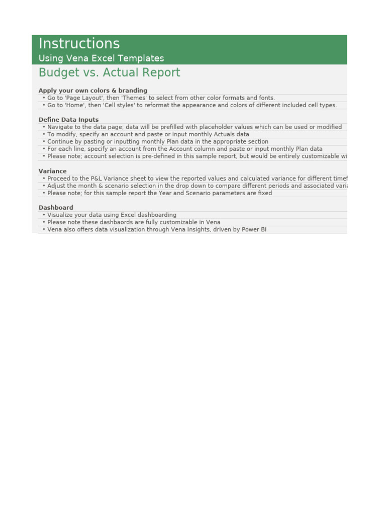Vena Excel Budget vs. Actual Guide | PDF