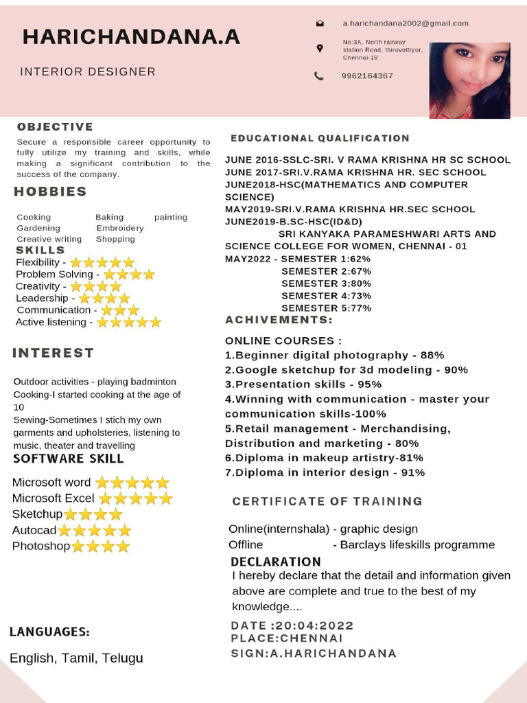 Harichandana.a,. Sc-home Science - Interior Design and Decor 3rd Year, Resume and Portfolio | PDF