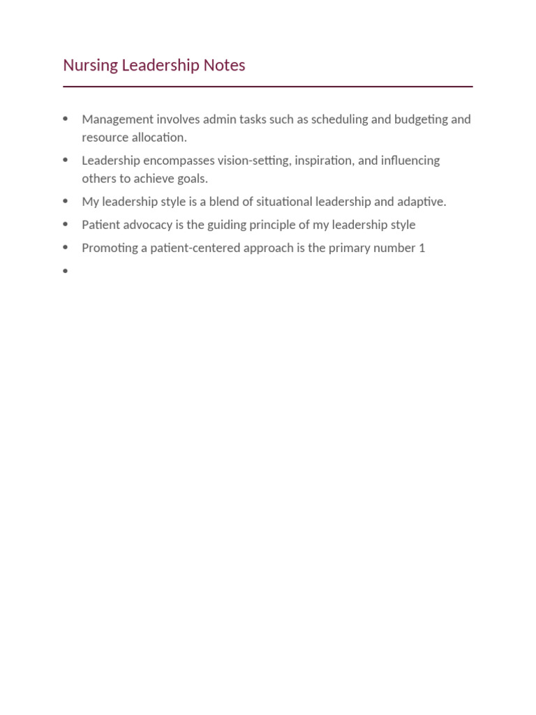 Nursing Leadership Notes | PDF
