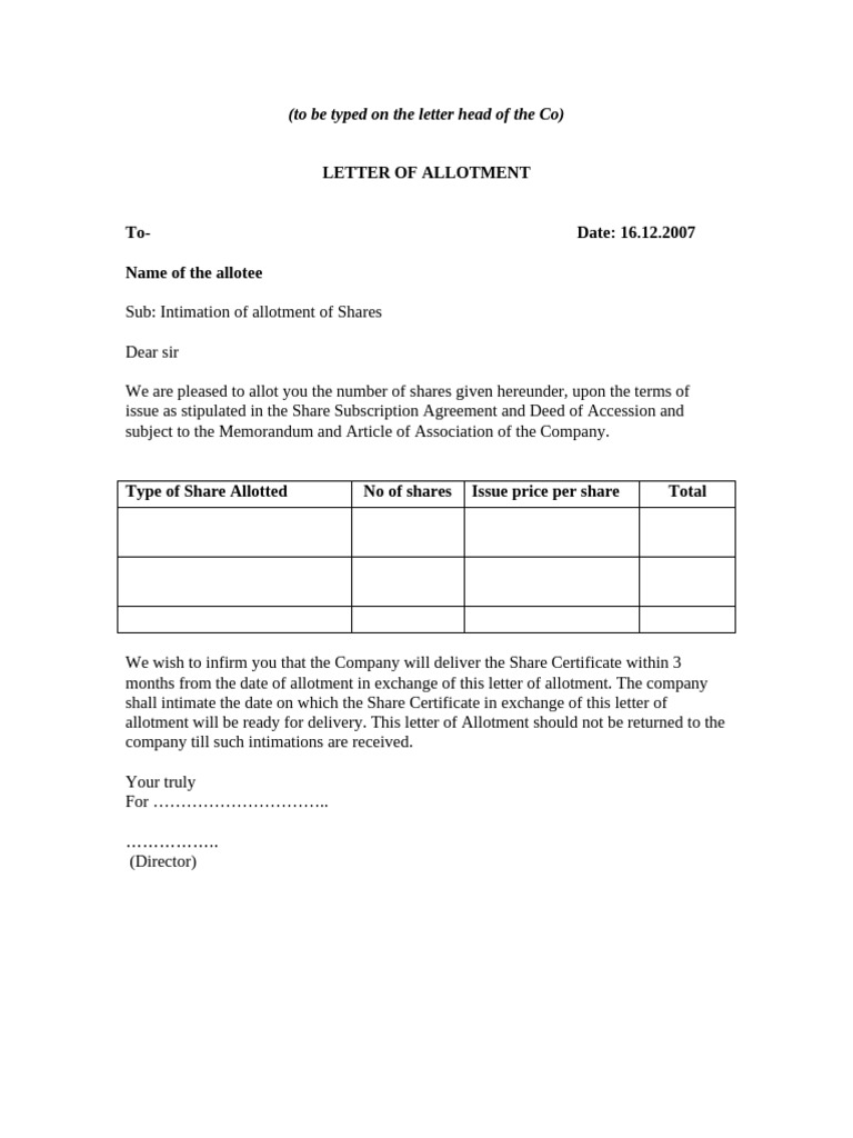 Letter of Allotment | PDF