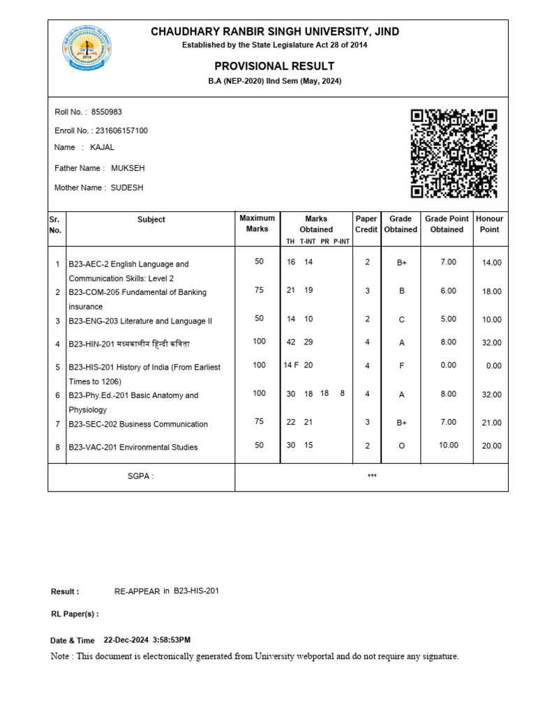 Provisional Marksheet | PDF