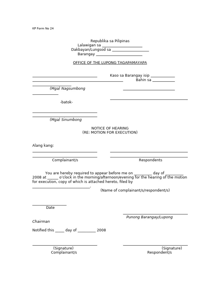 24 KP Form NOTICE HEARING FOR MOTION FOR EXECUTION | PDF