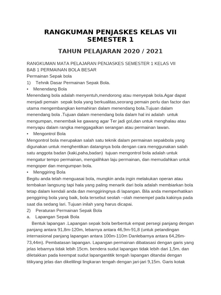 Rangkuman Penjaskes Kelas Vii Semester 1 2021 | PDF