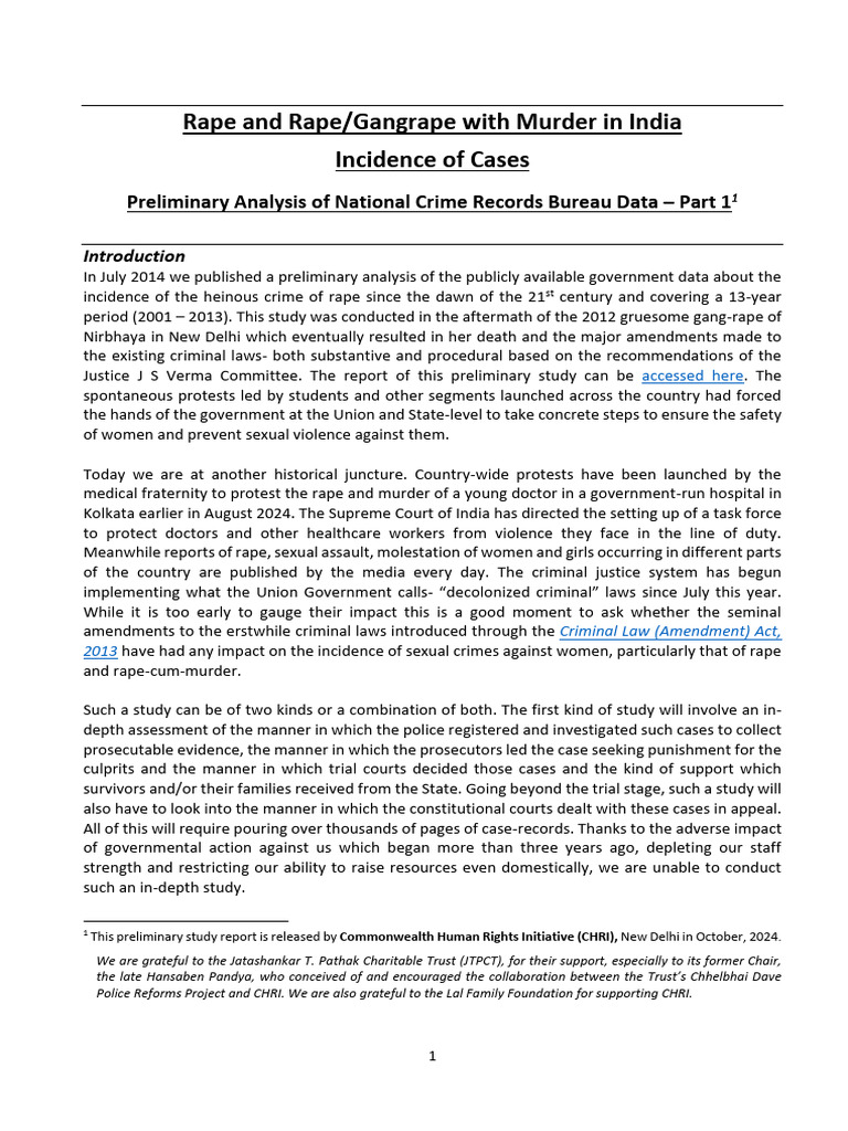 CHRI-NCRBData-RapeStats-Analysis-Part1-Sep24 | PDF | Crimes | Crime & Violence