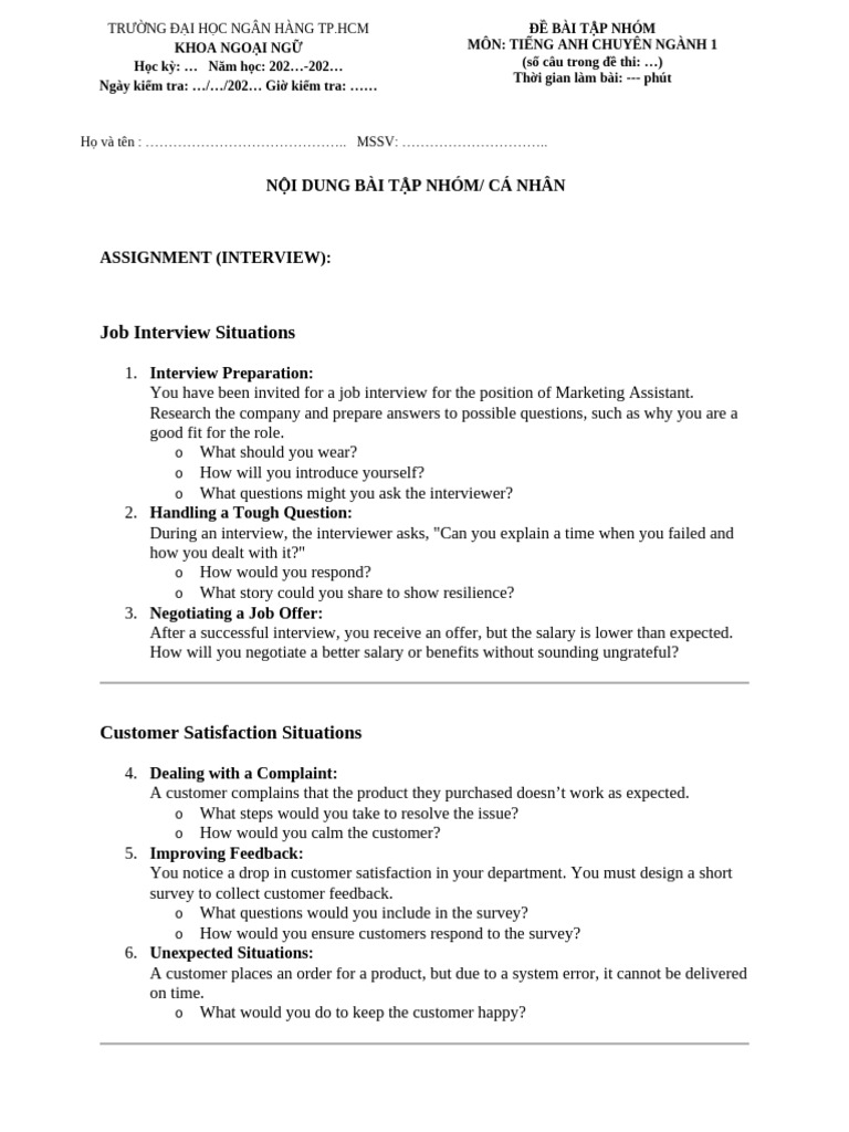 English Assignment: Job & Customer Scenarios | PDF | Human ...