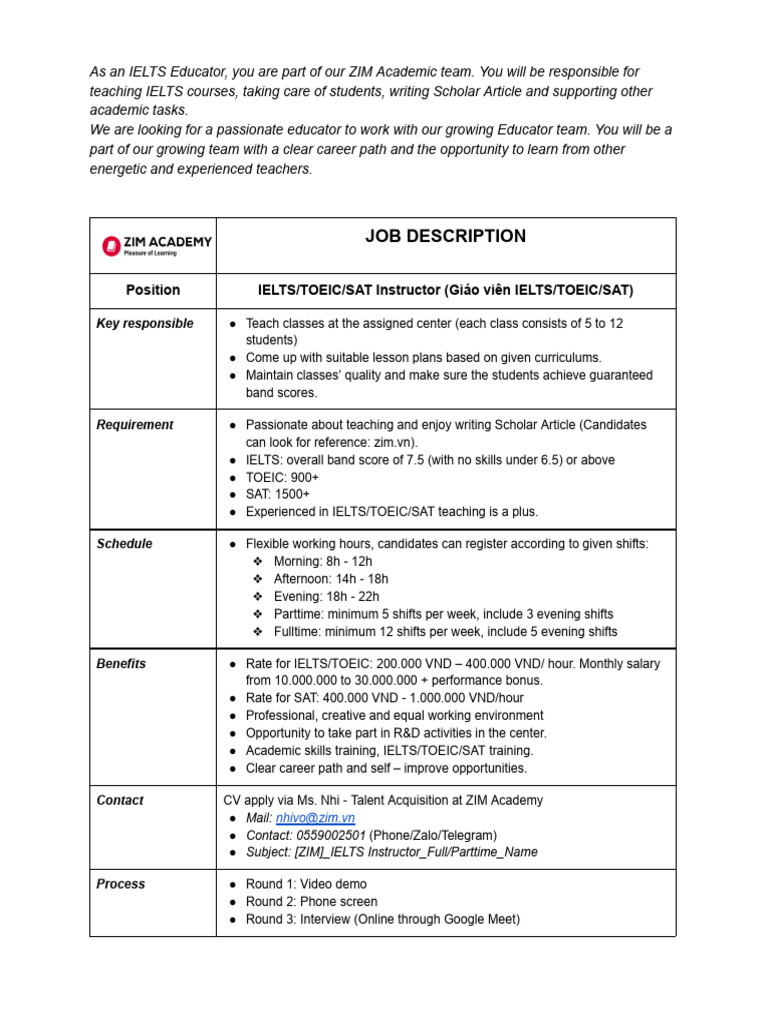 (ZIM Academy) - JD - TEACHERS IELTS - TOEIC - SAT | PDF