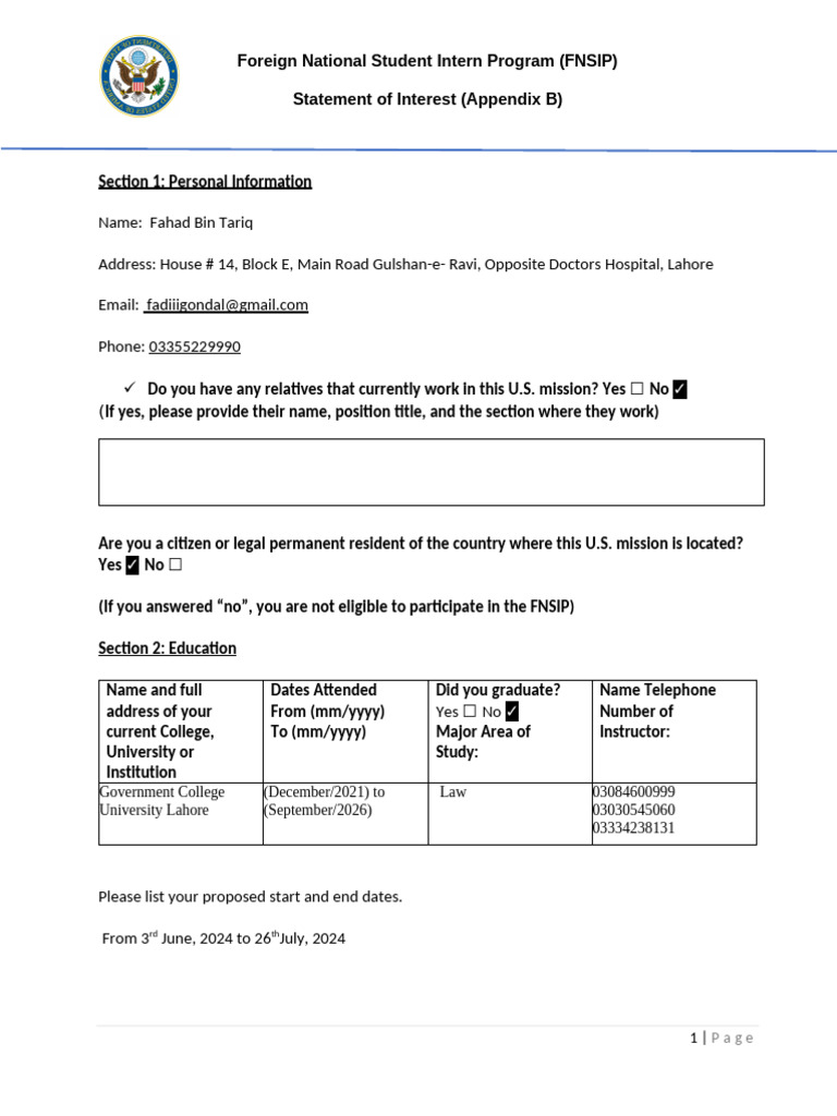Appendix B-Statement of Interest.... | PDF | Internship | Job Hunting