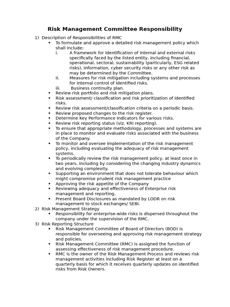 RMC Responsibility | PDF | Risk Management | Risk
