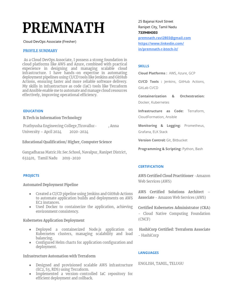 Premnath.Raju.Resume | PDF | Amazon Web Services | Cloud Computing