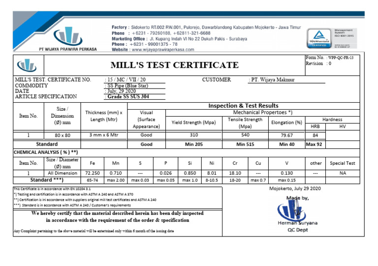 MTC-WIJAYA MAKMUR-80x80 (5) | PDF | Mechanical Engineering | Building Materials