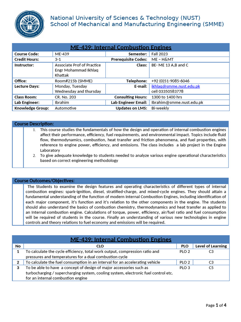 Course Outline - SMME - ME-439 Fall 2024 | PDF | Engines | Internal Combustion Engine