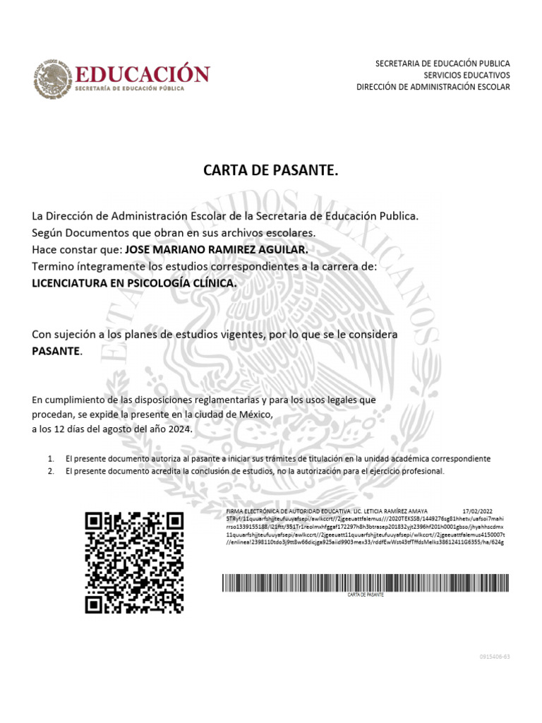 Carta de Pasante JOSE MARIANO RAMIREZ AGUILAR | PDF