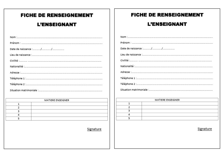 Fiche de Renseignement de L'enseignat | PDF
