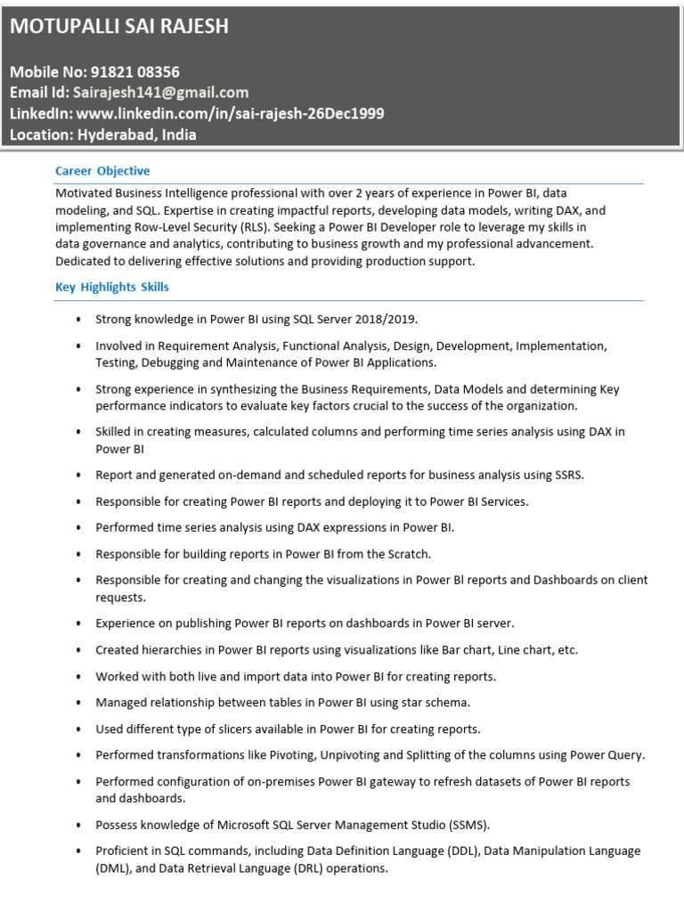 Power BI Developer Resume | PDF | Microsoft Sql Server | Data Management
