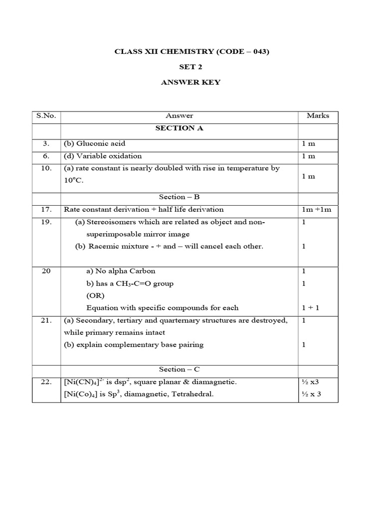 Class 12 Chemistry Answer Key | PDF