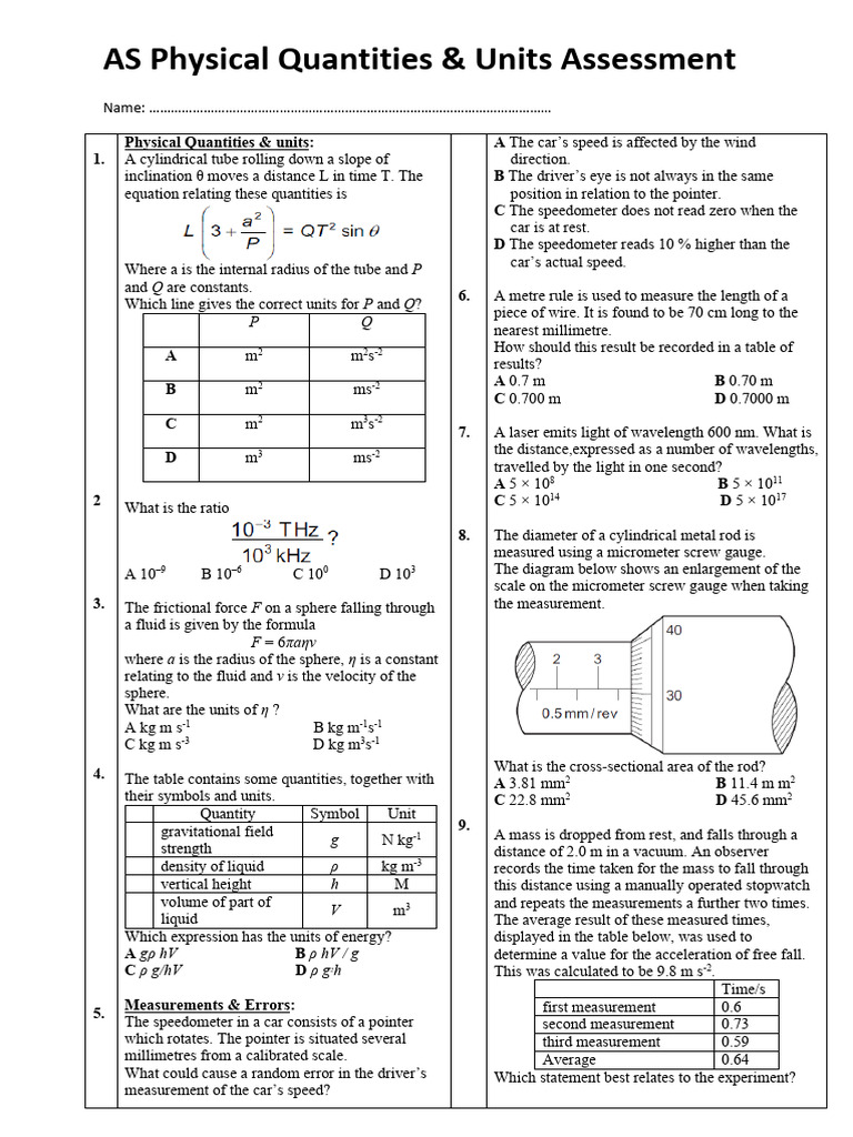 Physical Quantities and Units Assessment | PDF | Measurement | Observational Error