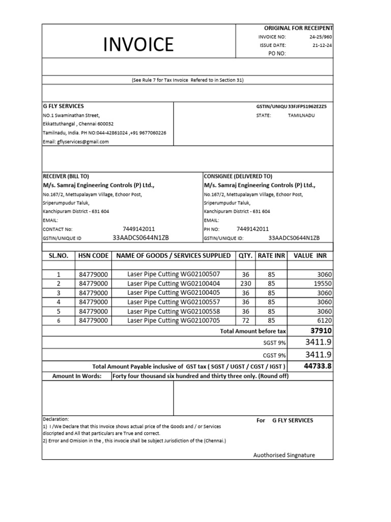 (960) Samraj Engineering Controls (P) Ltd., Revised INVOICE. | PDF ...