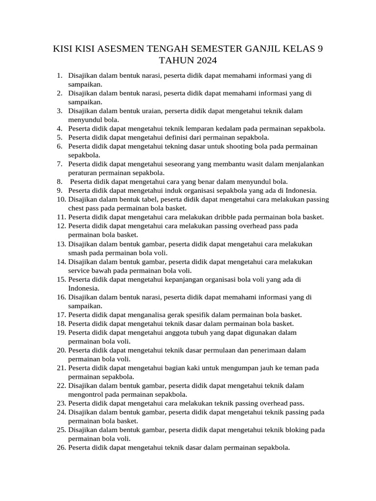 Kisi Kisi Asesmen Tengah Semester Ganjil Kelas 9 Tahun 2024 | PDF