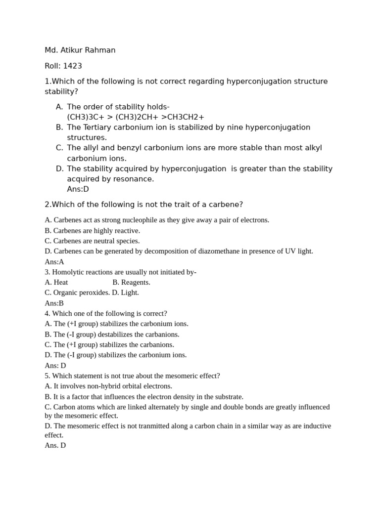 Organic Chemistry Quiz Questions | PDF | Chemical Reactions | Redox