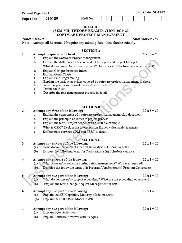 Software Project Management Exam 2019-20 | PDF | Project Management ...