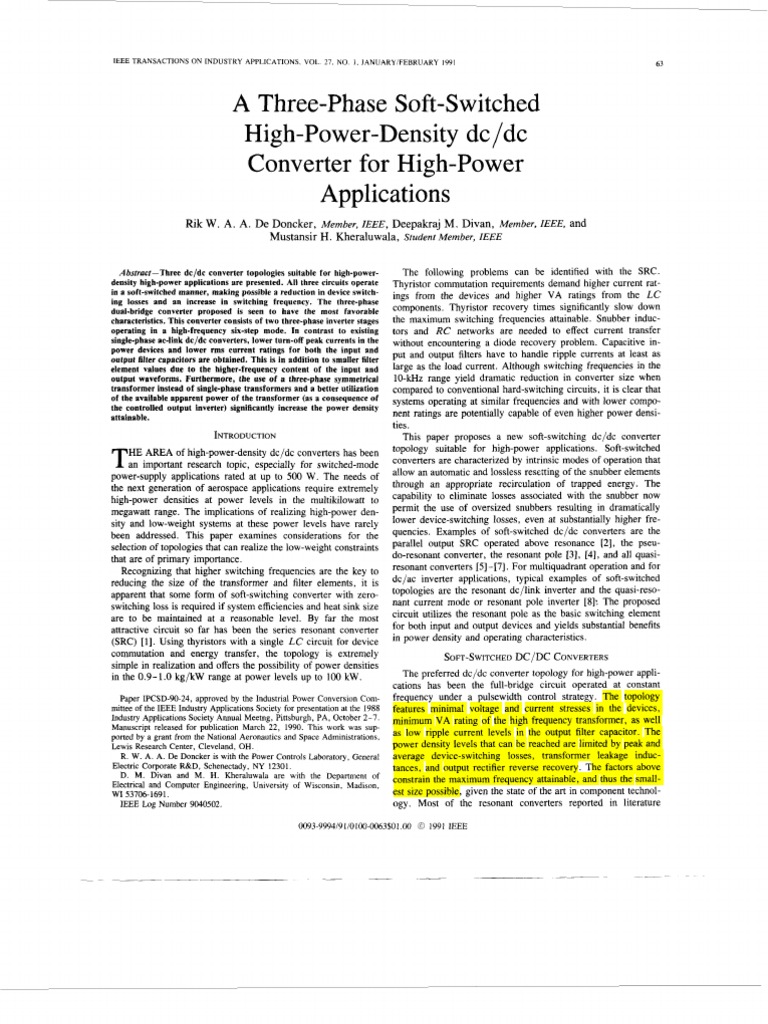 1) A Three-Phase Soft-Switched High-Power-Density DC-DC Converter | PDF ...