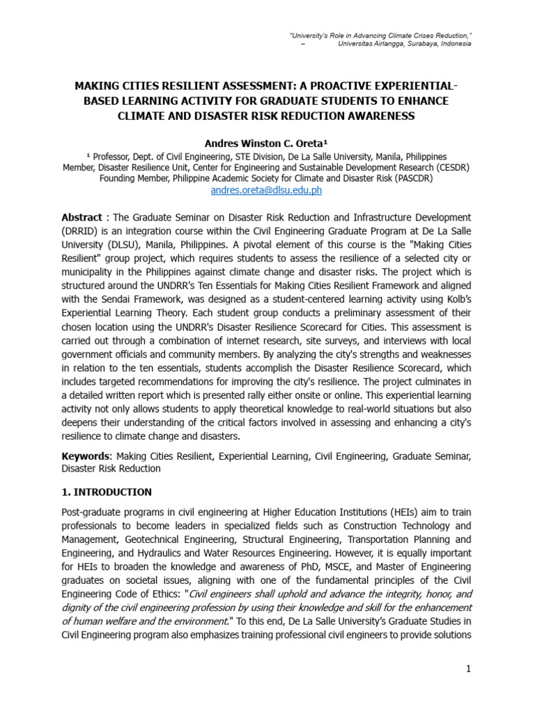 Making Cities Resilient Assessment: A Proactive Experiential-Based ...