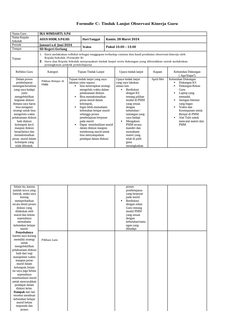 LEMBAR OBSERVASI KINERJA GURU Form C-Ika | PDF