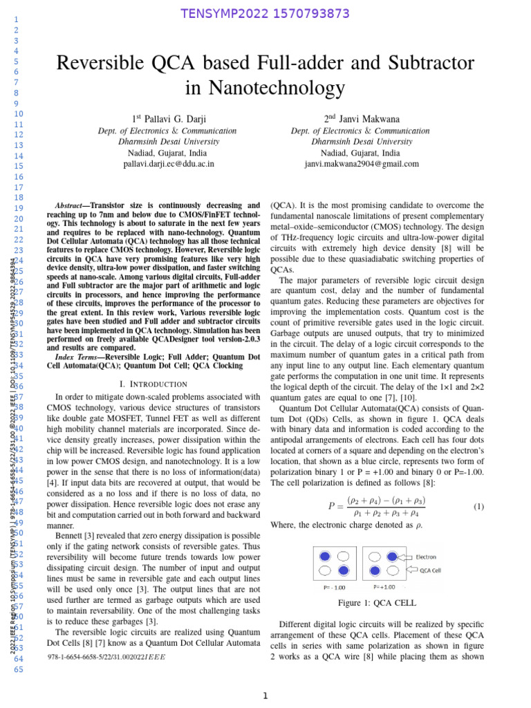 Reversible QCA Based Full-Adder and Subtractor in Nanotechnology | PDF ...