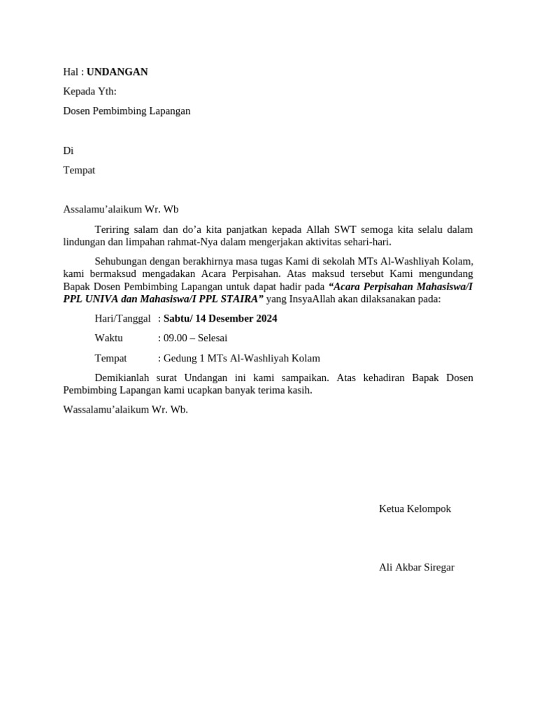 Surat Undangan Perpisahan PPL To DPL | PDF