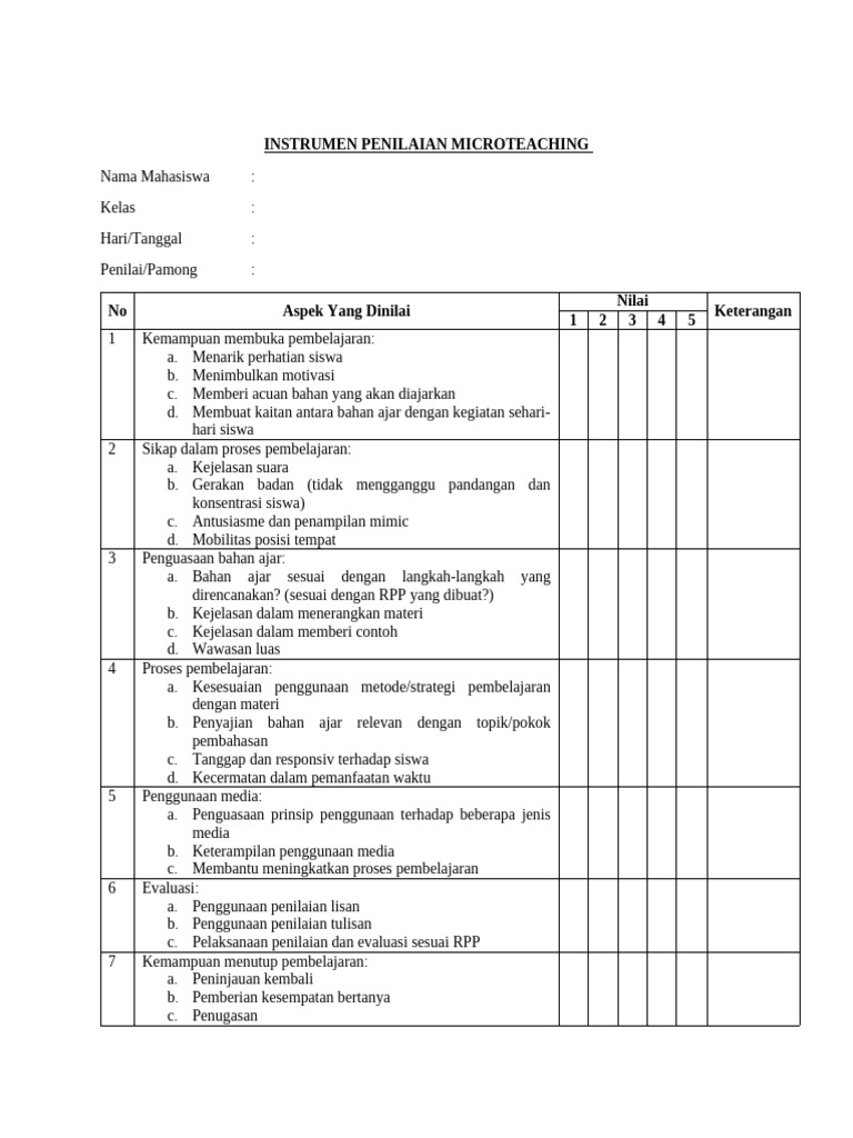 Instrumen Penilaian Microteaching PPL Rini | PDF